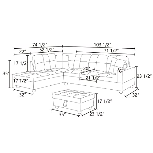 EZLUX Red Flannel and PVC L-Shaped Left Chaise Sectional Sofa Couch Set with Storage Ottoman for Living Room