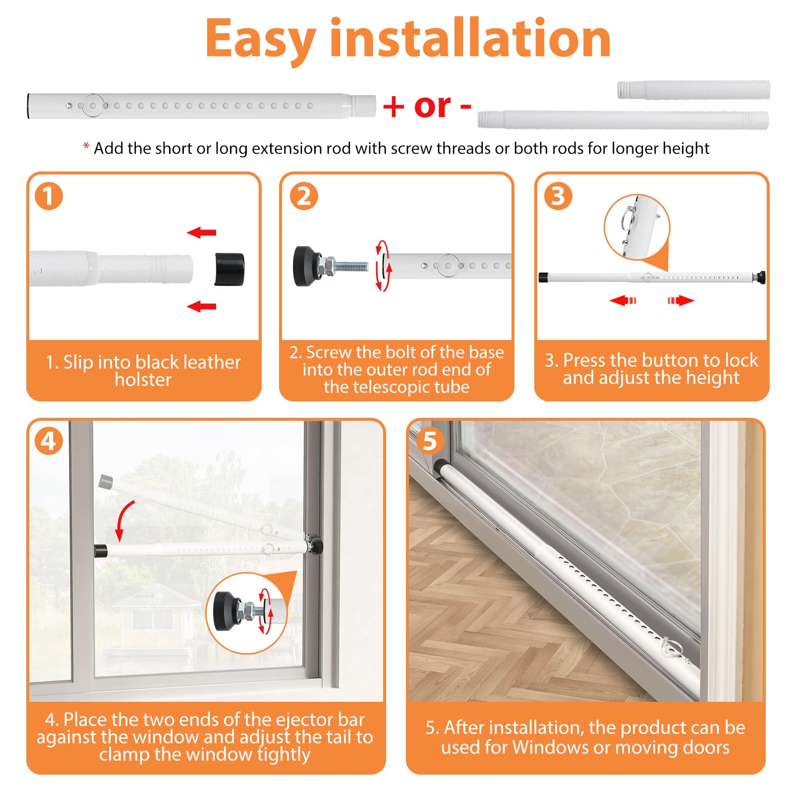 BsBsBest Window Security Bars Inside Adjustable 18 to 51 Inch Sliding Door Security Bar Interior White 1 Pack Window Locks Security up and Down Window Bars Security Extendable