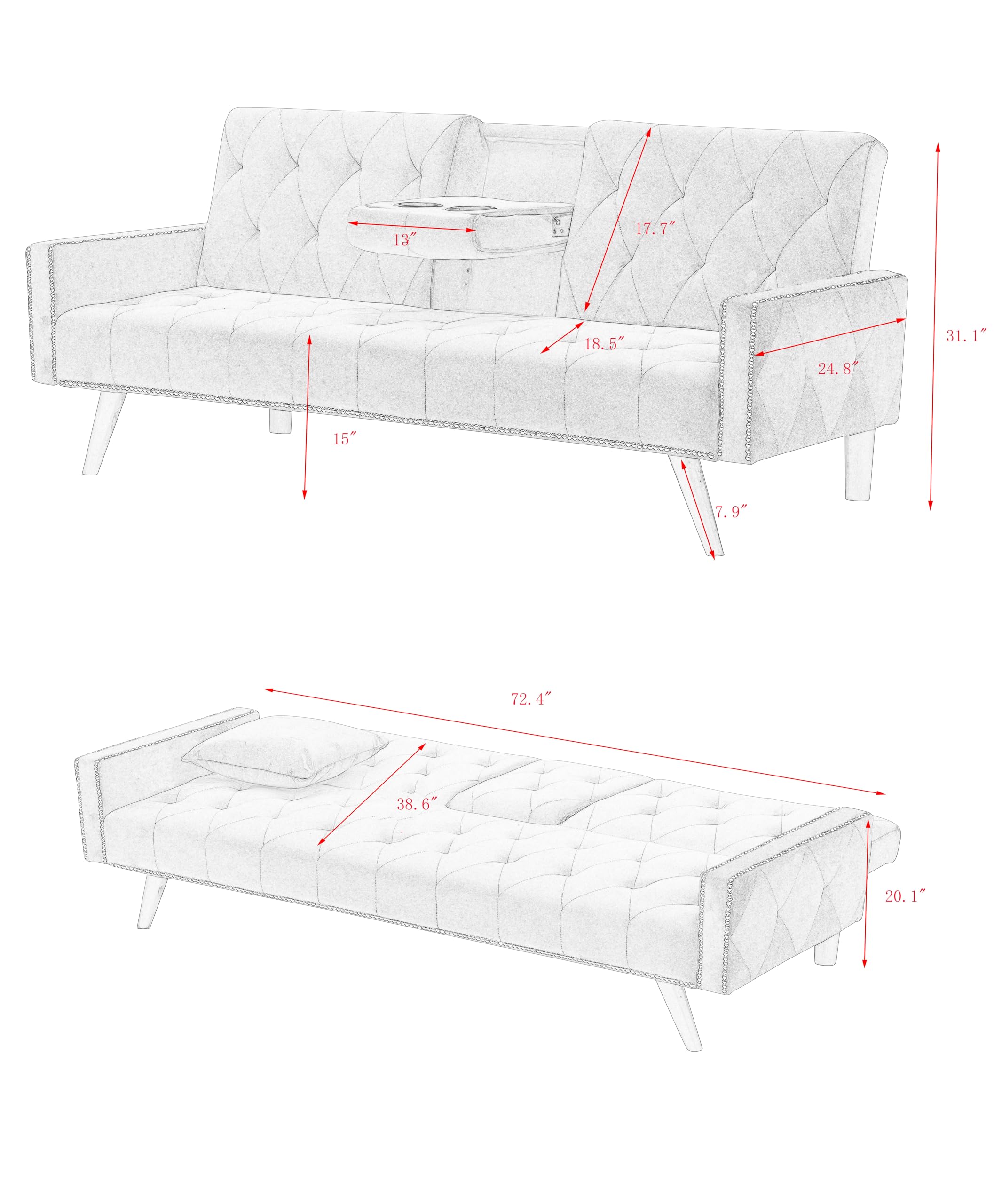 WINWOL Convertible Sofa Bed Products Faux Leather Upholstered Modern Convertible Folding Futon Sofa Bed Foldable Sofa Bed Metal Legs, 2 Cupholders (Pink)