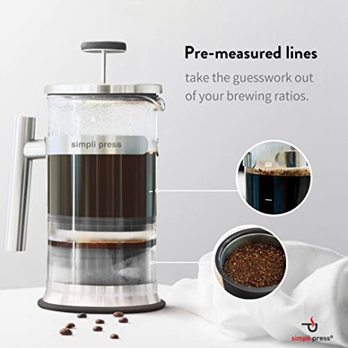 Simpli Press French Press Coffee & Tea Maker - Easy Cleanup & Customizable Smooth Coffee - Patented - Plastic-Free Premium Stainless Steel 34 oz - Black Color