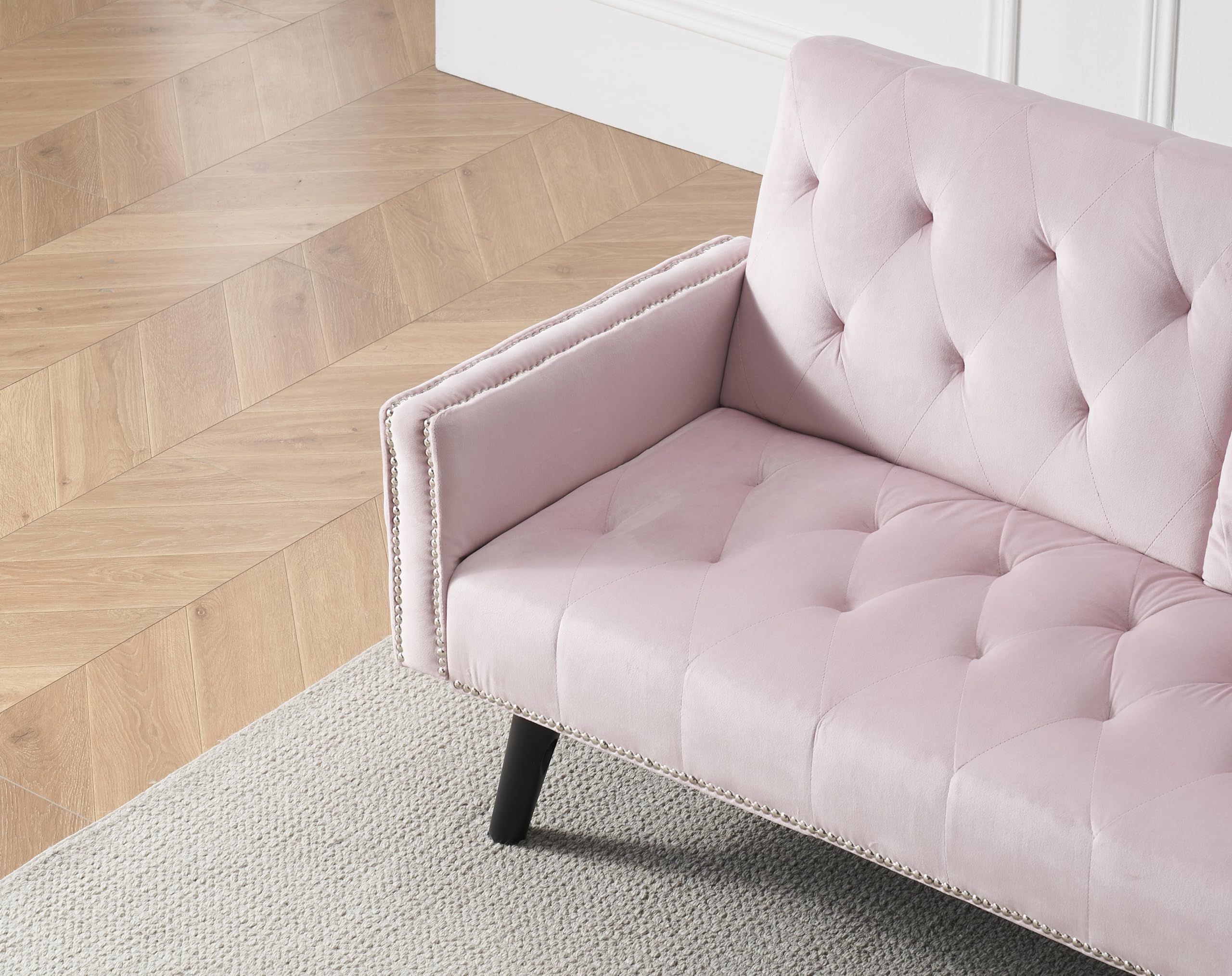 WINWOL Convertible Sofa Bed Products Faux Leather Upholstered Modern Convertible Folding Futon Sofa Bed Foldable Sofa Bed Metal Legs, 2 Cupholders (Pink)