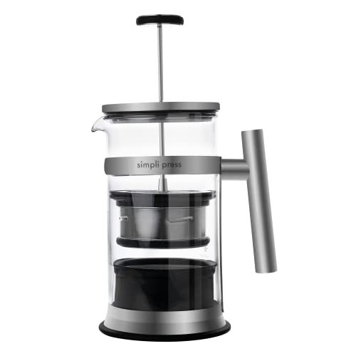 Simpli Press French Press Coffee & Tea Maker - Easy Cleanup & Customizable Smooth Coffee - Patented - Plastic-Free Premium Stainless Steel 34 oz - Black Color