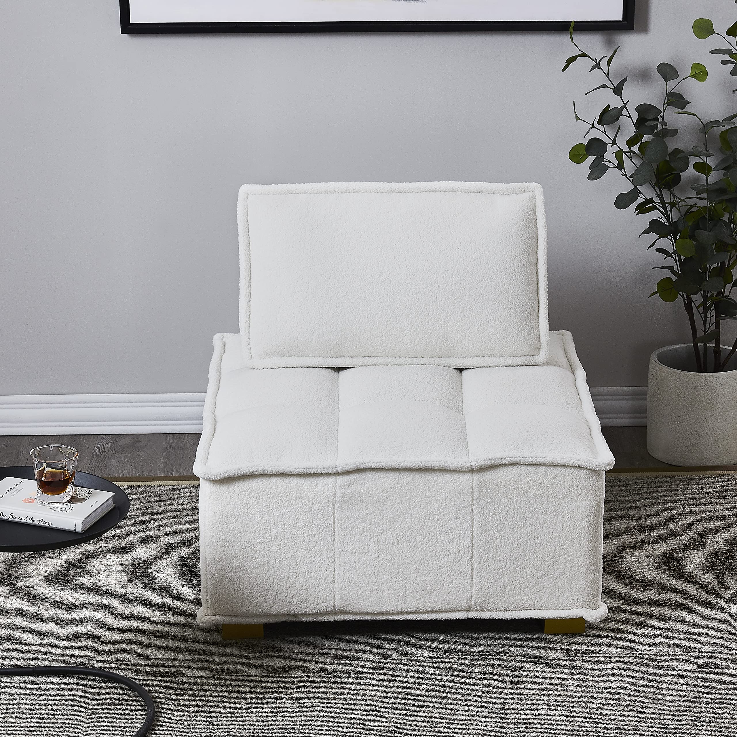 Lepfun Modular Sectional, Convertible Bed Futon, Lazy Sofas Ottoman with Gold Wooden Legs Teddy Fabric, Armless L-Shaped Couches for Living Room Office, White