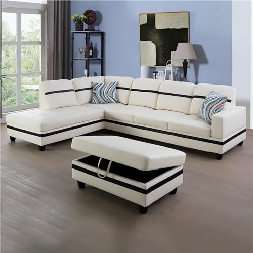 NOTOP 3-Piece Faux Leather L-Shaped Sectional Sofas, Button Tufted Upholstered Couch Set with Left Chaise Longue and Storage Ottoman, for Living Room, Home, Office, White-Black