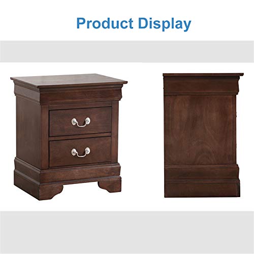 Henf Nightstand with 2 Drawers Traditional Rectangular Side Table, Bedside Table with Metal Ring Handle, Full Assembly Wood Night Stand for Bedroom Furniture, Cherry Brown