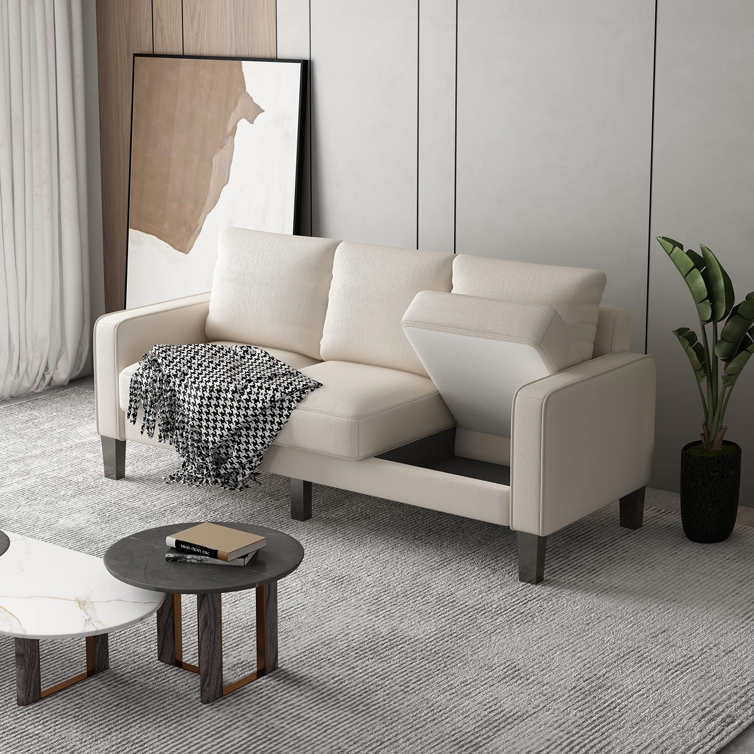 KoiHome 3-Seater 2+3 Seat Sectional Storage Box, Sleeper Loveseat Couch Sets with Square Arms, Chesterfield Chaise, Wood Legs, Polyester, Modern Living Room Furniture Sofa in Beige