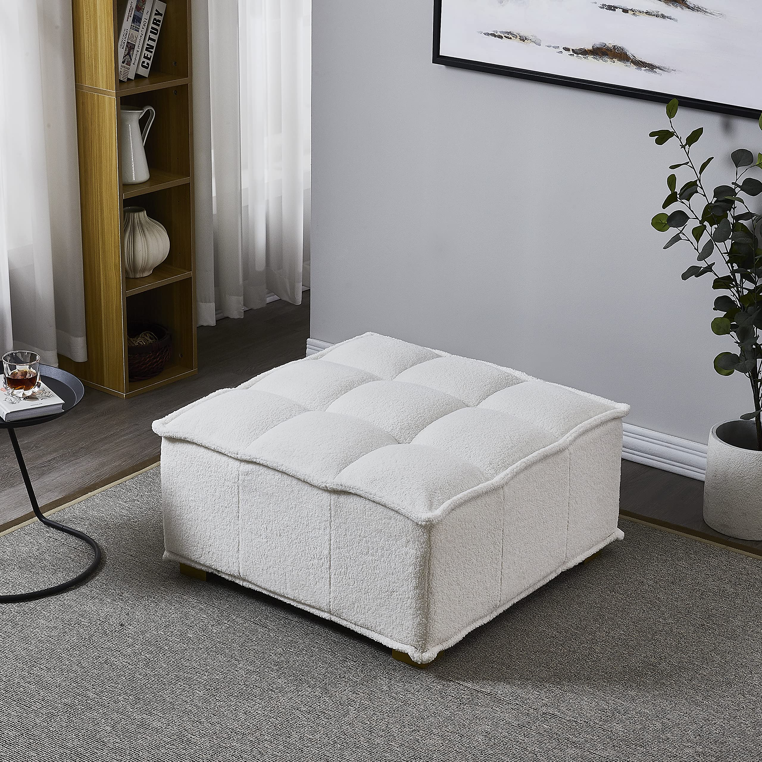 Lepfun Modular Sectional, Convertible Bed Futon, Lazy Sofas Ottoman with Gold Wooden Legs Teddy Fabric, Armless L-Shaped Couches for Living Room Office, White