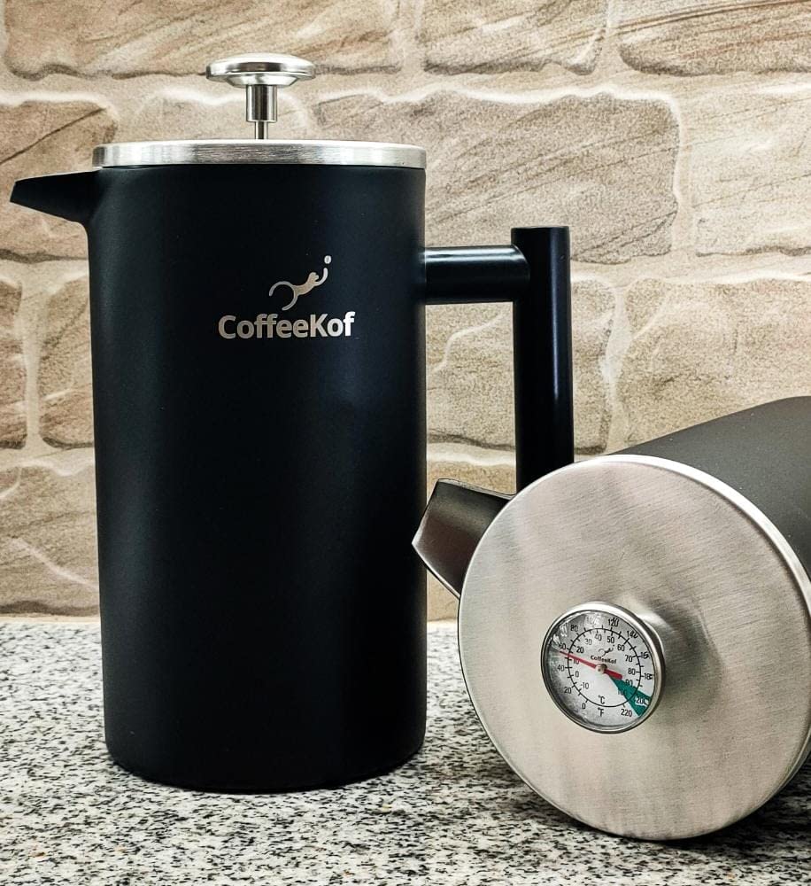 CoffeeKof Stainless Steel French Press Coffee Maker With Thermometer.Double Insulated Coffee Press,34 0Z,Black.