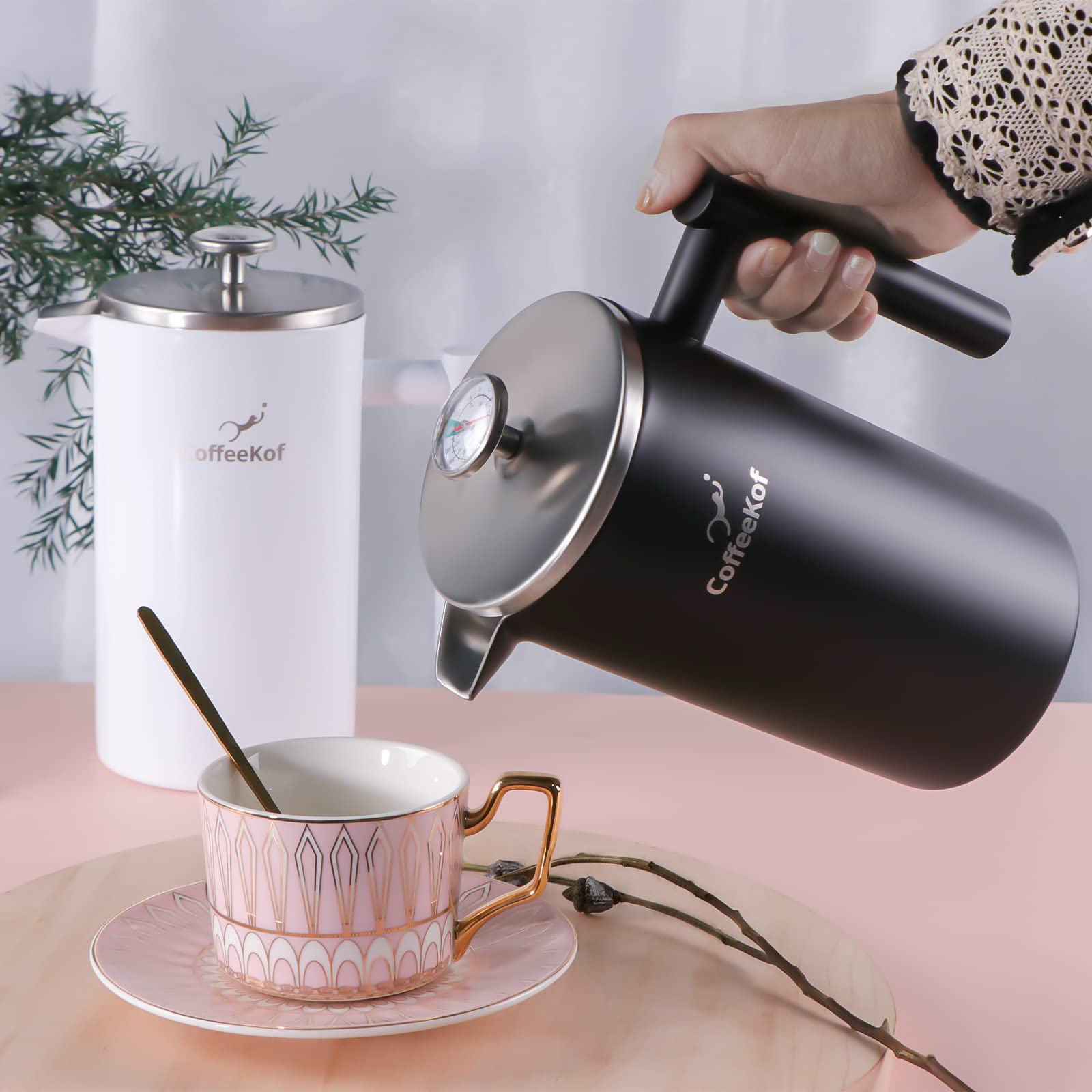 CoffeeKof Stainless Steel French Press Coffee Maker With Thermometer.Double Insulated Coffee Press,34 0Z,Black.