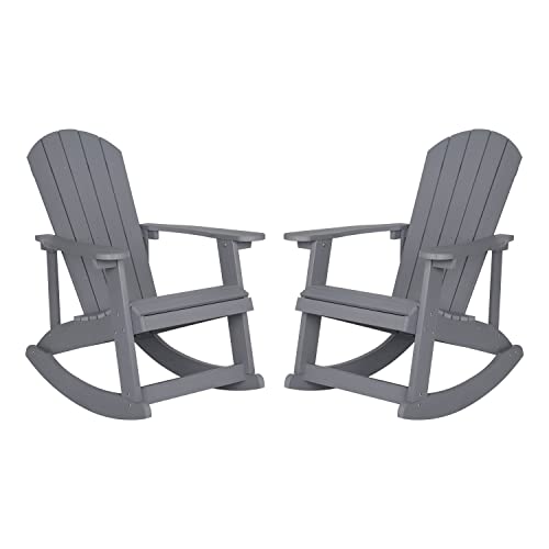 Flash Furniture Savannah Poly Resin Wood Adirondack Rocking Chair - All Weather Gray Polystyrene - Stainless Steel Hardware - Set of 2