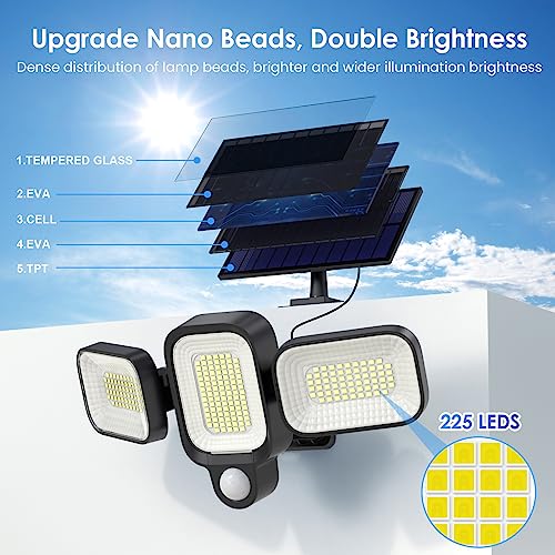 Solar Outdoor Lights, [2 Packs] 225 LED 3 Head Adjustable Motion Sensor Lights, 2500LM 330° Wide Angle Solar Flood Lights, IP65 Waterproof Wall Lamp Security Lights With 16.5Ft Cable for Garden Yard