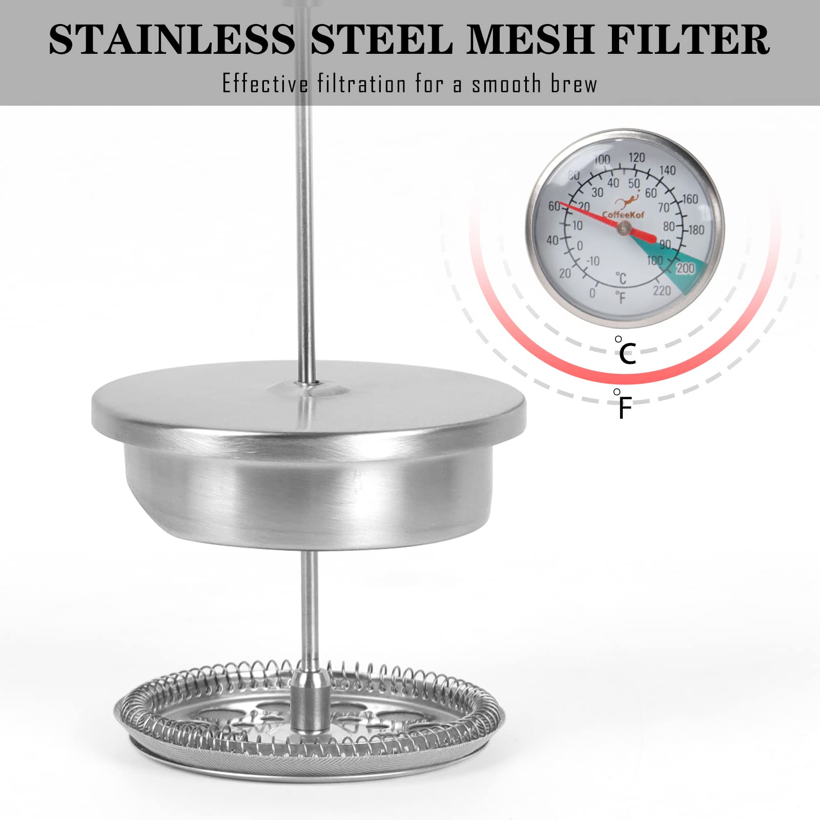 CoffeeKof Stainless Steel French Press Coffee Maker With Thermometer.Double Insulated Coffee Press,34 0Z,Black.