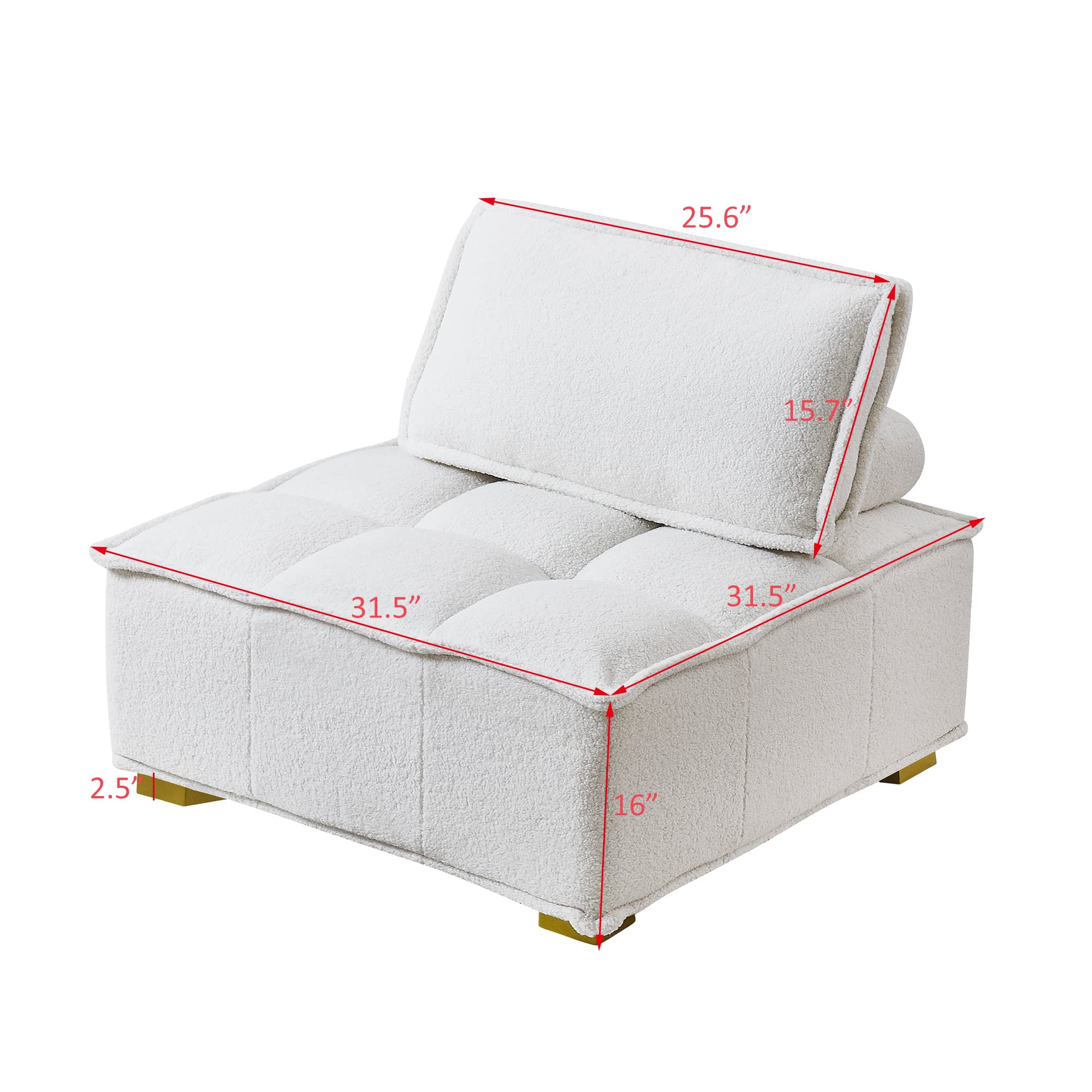 Lepfun Modular Sectional, Convertible Bed Futon, Lazy Sofas Ottoman with Gold Wooden Legs Teddy Fabric, Armless L-Shaped Couches for Living Room Office, White