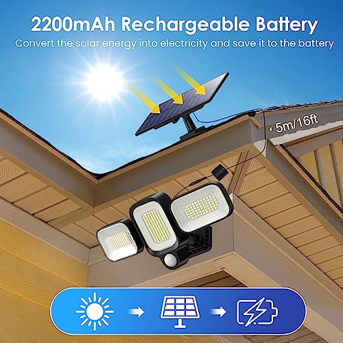 Solar Outdoor Lights, [2 Packs] 225 LED 3 Head Adjustable Motion Sensor Lights, 2500LM 330° Wide Angle Solar Flood Lights, IP65 Waterproof Wall Lamp Security Lights With 16.5Ft Cable for Garden Yard