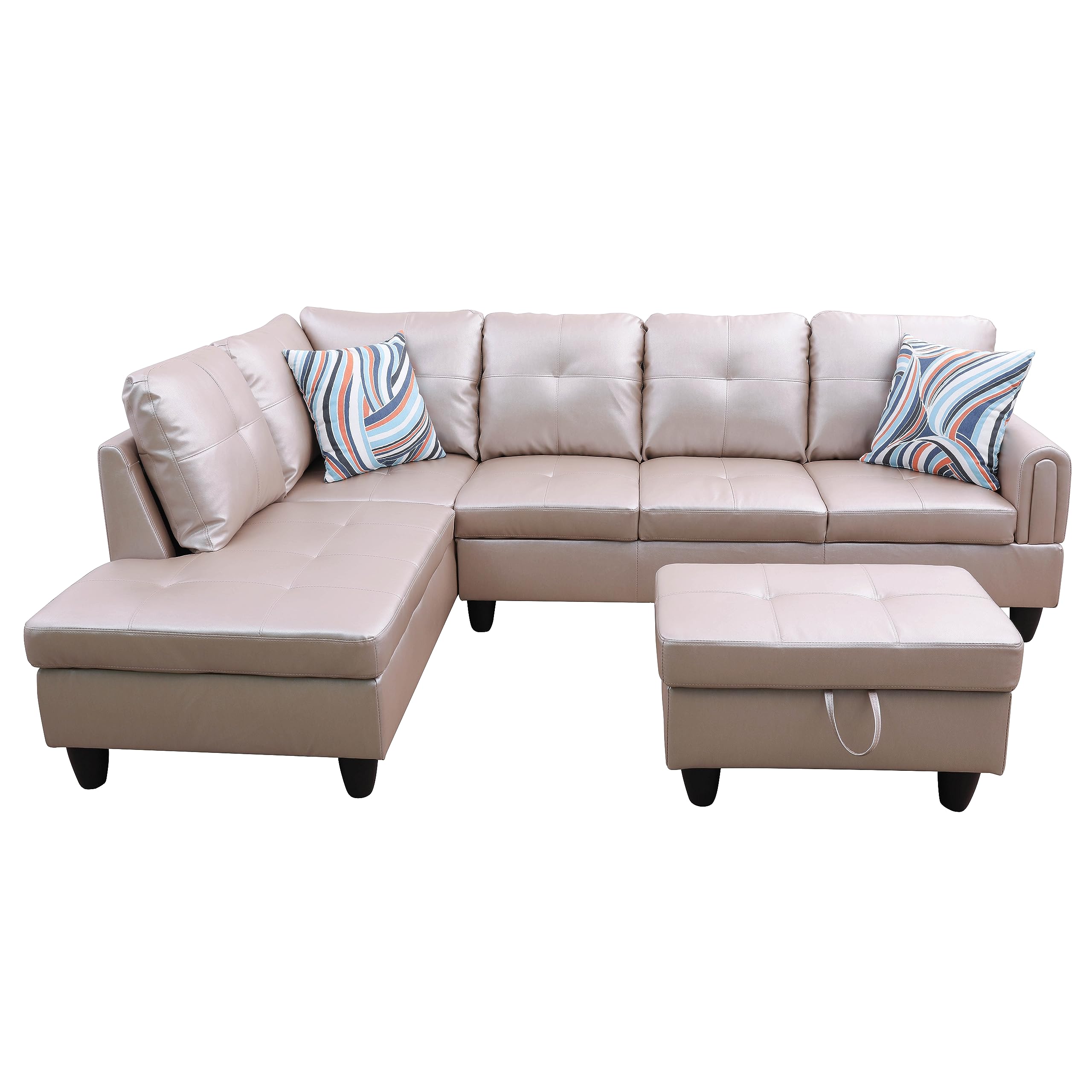 NOTOP 3-Piece Faux Leather L-Shaped Sectional Sofas, Button Tufted Upholstered Couch Set with Left Chaise Longue and Storage Ottoman, for Living Room, Home, Office, Latte
