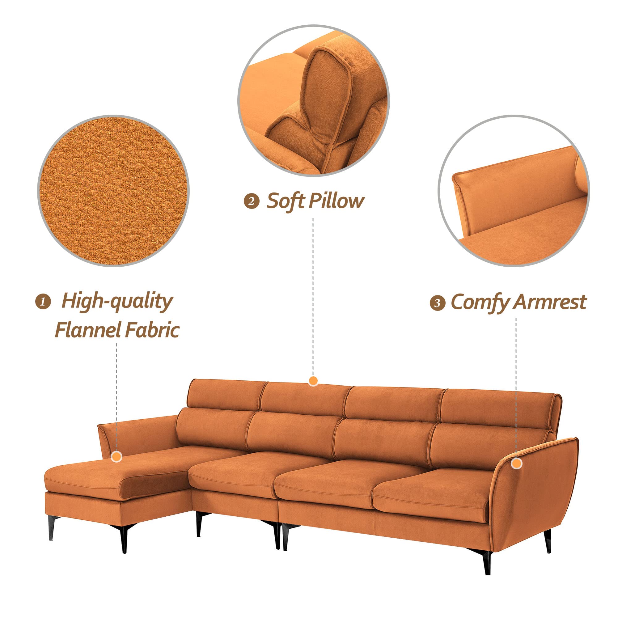 POCIYIHOME 111" Convertible Sectional, Flannel L Shape Upholstered Living Room Couch with Left/Right Facing Handed, 5 Seats Indoor Modular Sofa Chaise for Office,Apartment, Metal Leg, Orange