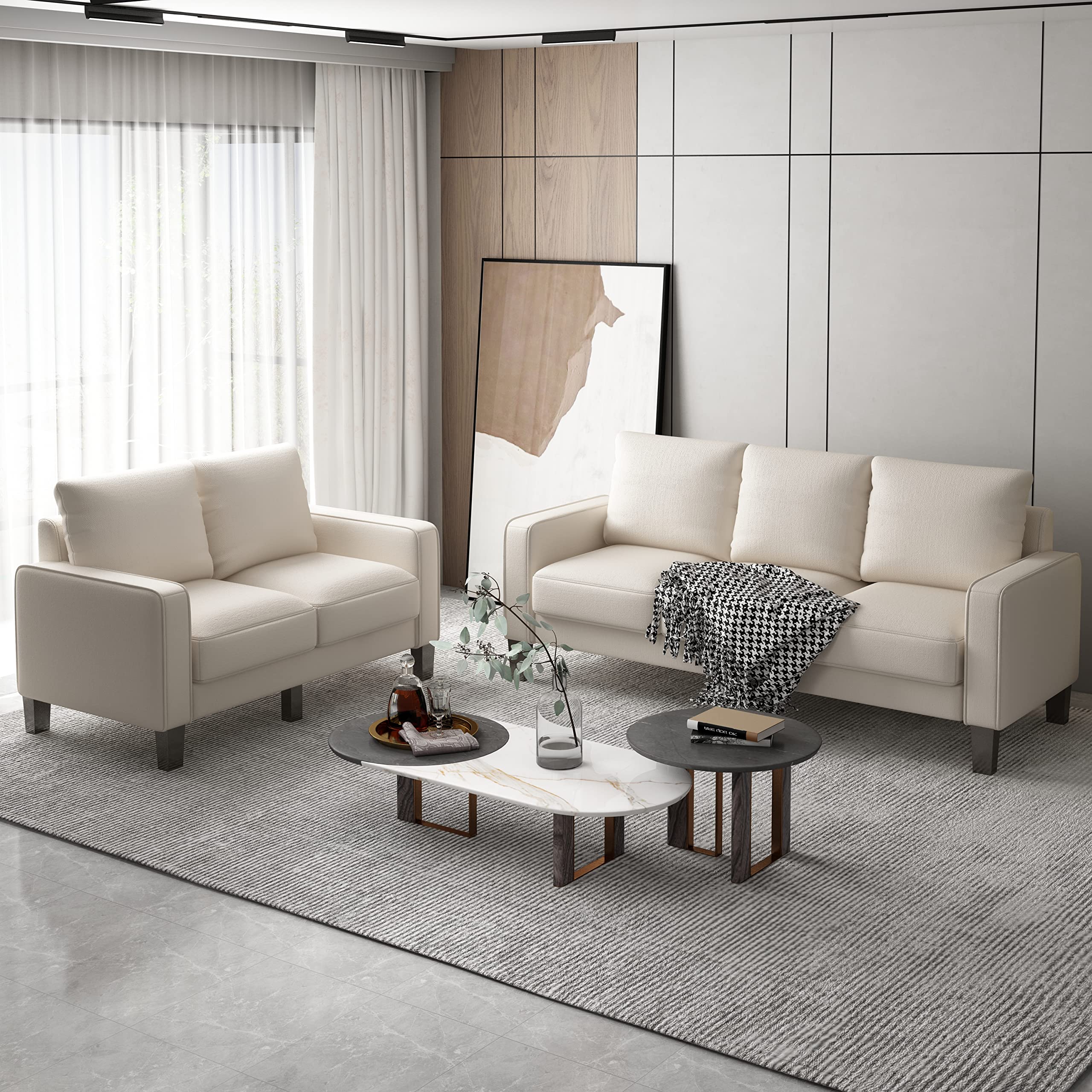 KoiHome 3-Seater 2+3 Seat Sectional Storage Box, Sleeper Loveseat Couch Sets with Square Arms, Chesterfield Chaise, Wood Legs, Polyester, Modern Living Room Furniture Sofa in Beige