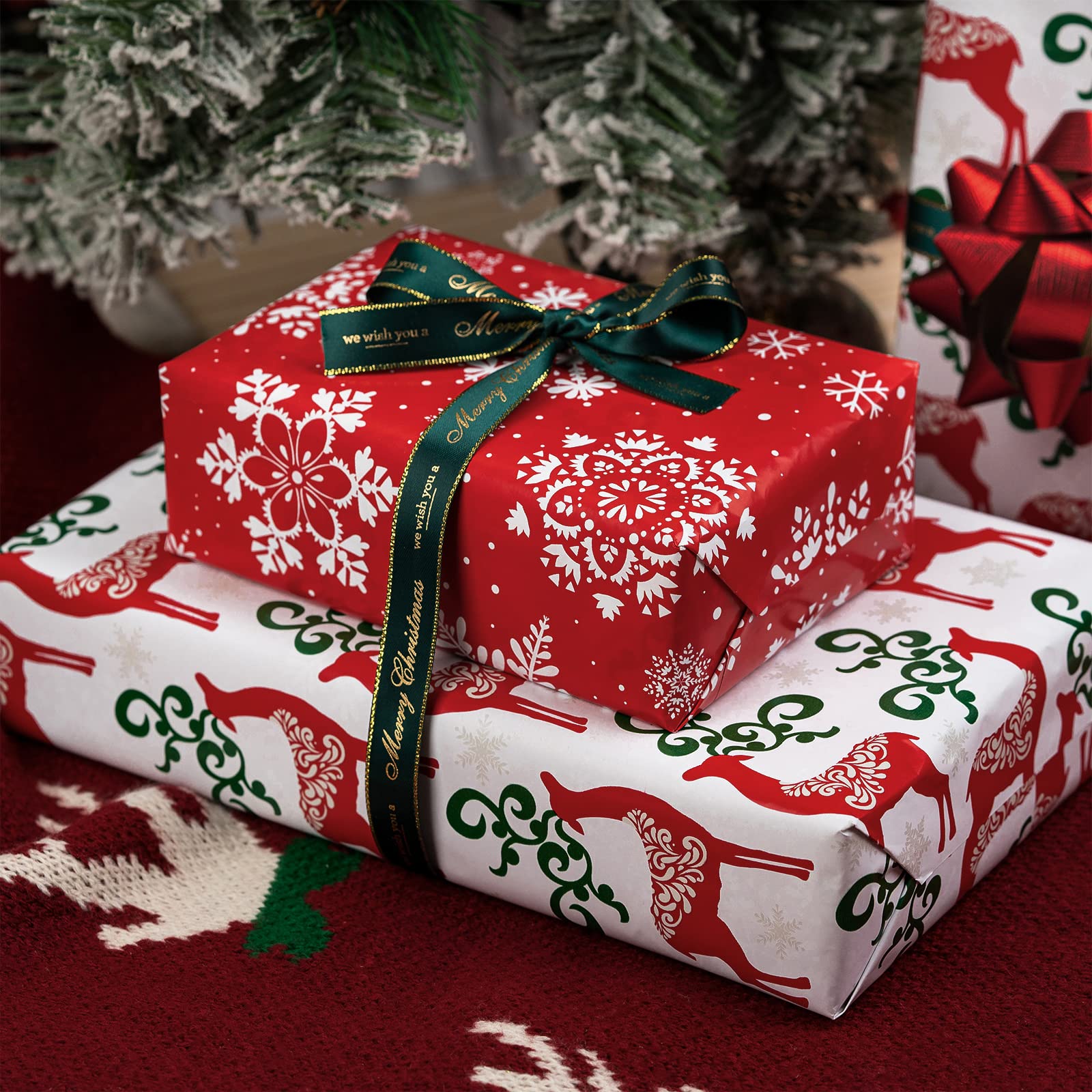 MAYPLUSS Christmas Reversible Wrapping Paper - Mini Roll - 17 Inch X 32.8 Feet- Red Green Reindeer Design (47.3 sq.ft.ttl)