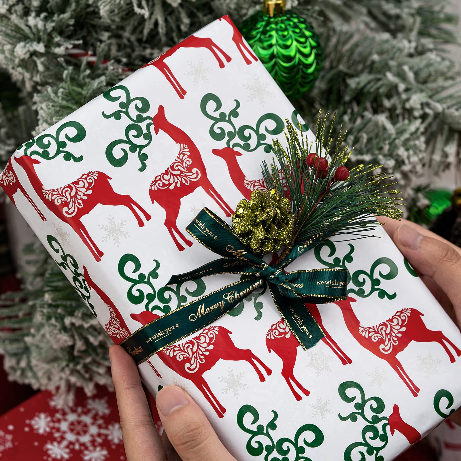 MAYPLUSS Christmas Reversible Wrapping Paper - Mini Roll - 17 Inch X 32.8 Feet- Red Green Reindeer Design (47.3 sq.ft.ttl)
