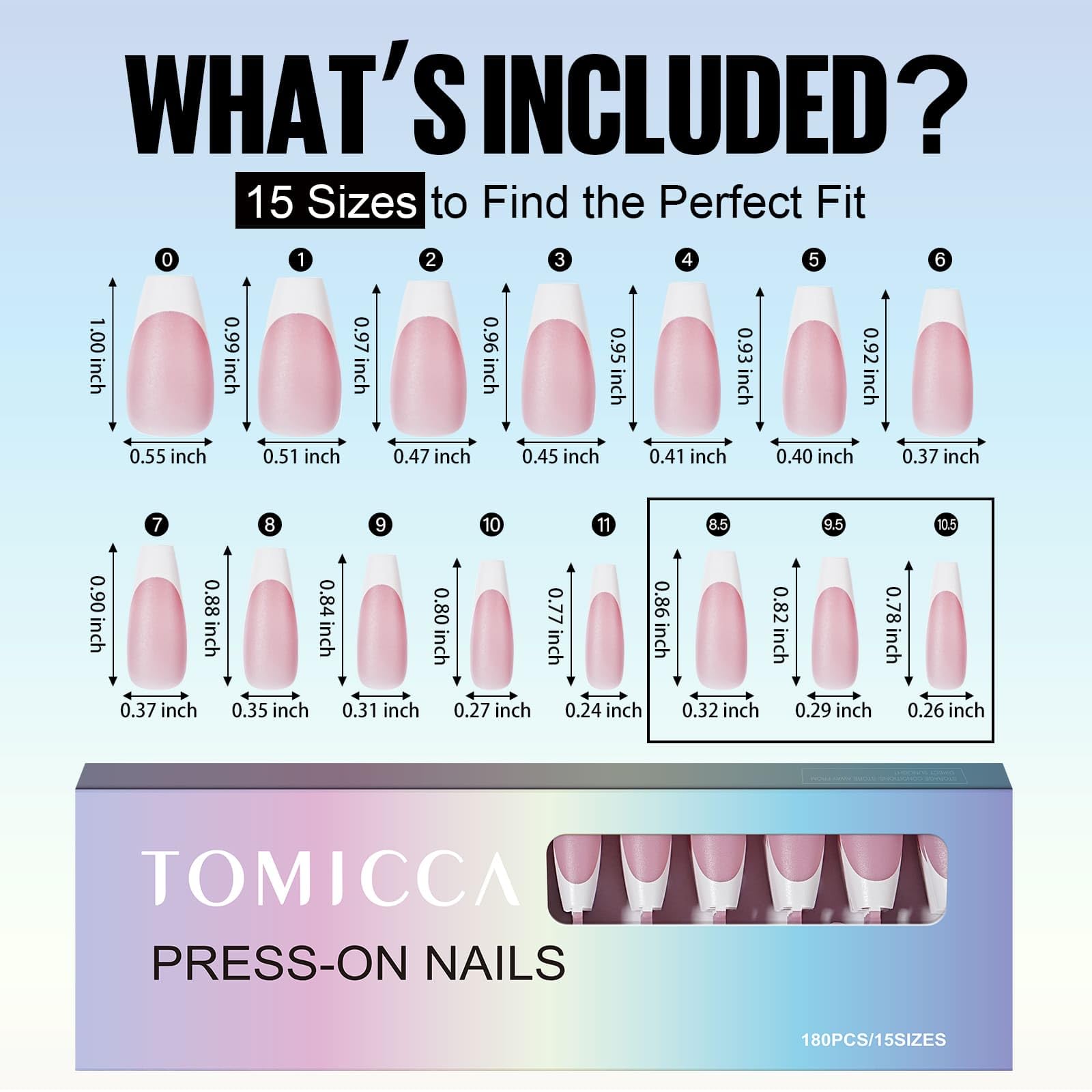 TOMICCA French Tip Press on Nails, Medium Coffin Acrylic Nail Tips, 180Pcs Fake False Nail Tips, 3 in 1 Full Cover Gel Nail Tips for Nail Extensions Light Pink