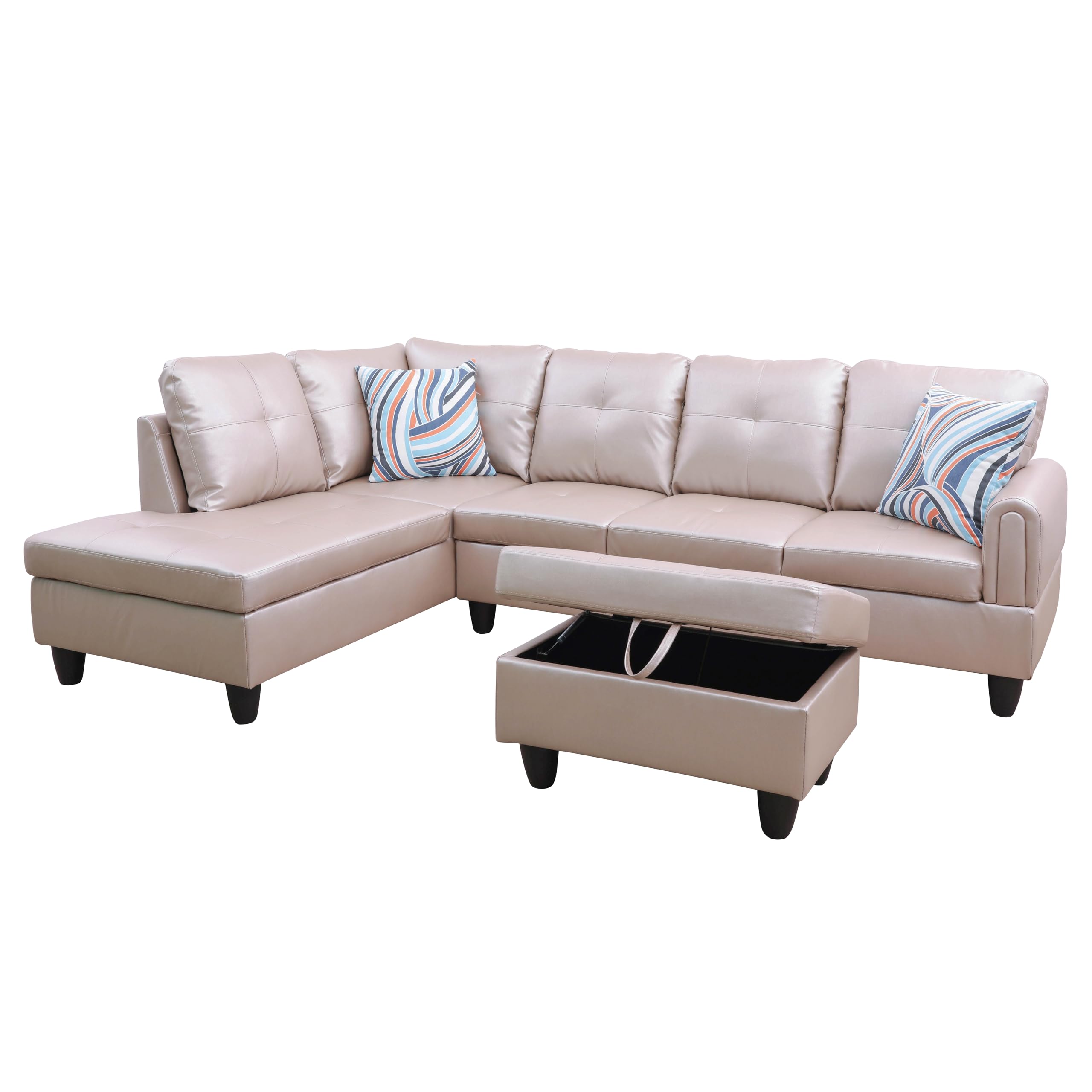 NOTOP 3-Piece Faux Leather L-Shaped Sectional Sofas, Button Tufted Upholstered Couch Set with Left Chaise Longue and Storage Ottoman, for Living Room, Home, Office, Latte