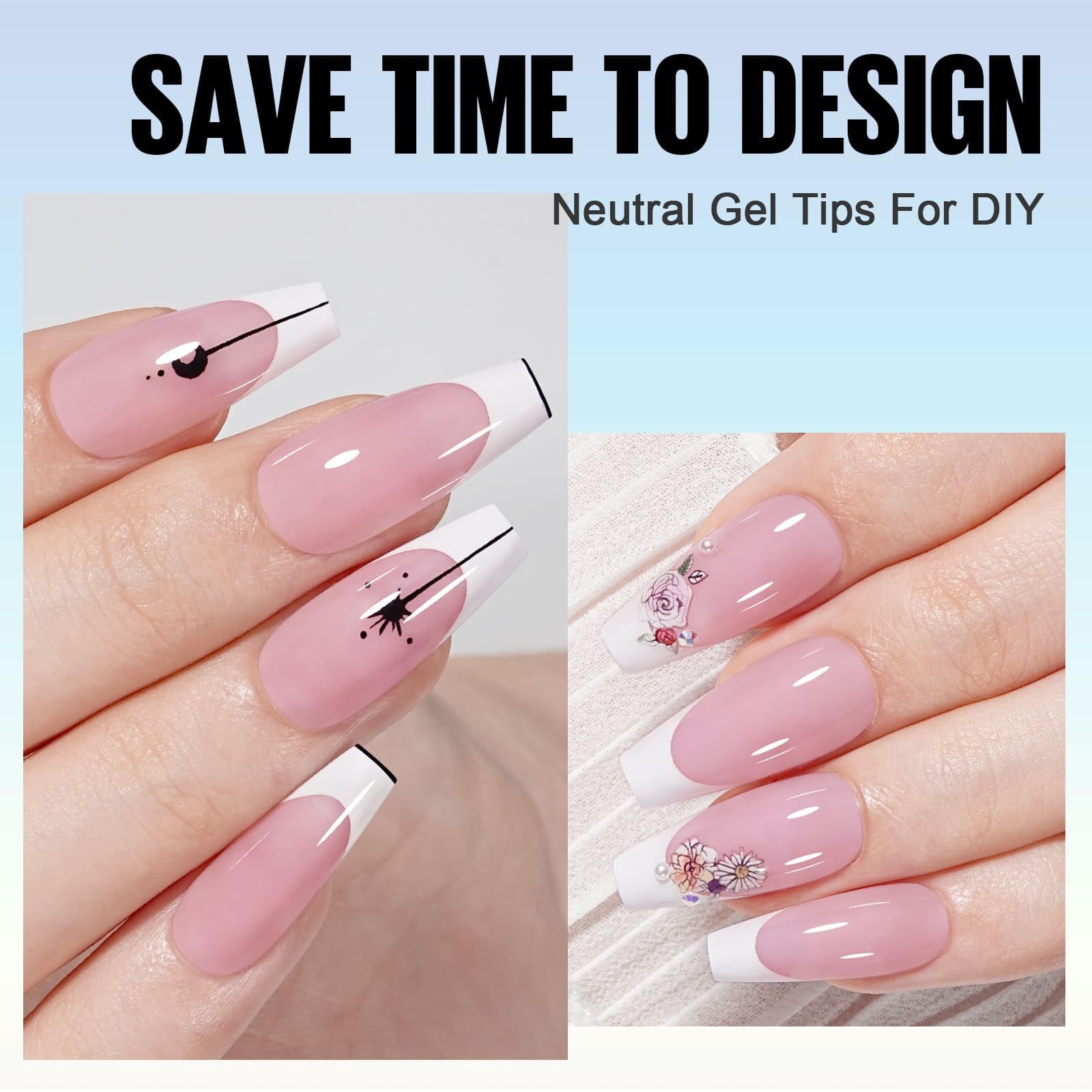 TOMICCA French Tip Press on Nails, Medium Coffin Acrylic Nail Tips, 180Pcs Fake False Nail Tips, 3 in 1 Full Cover Gel Nail Tips for Nail Extensions Light Pink