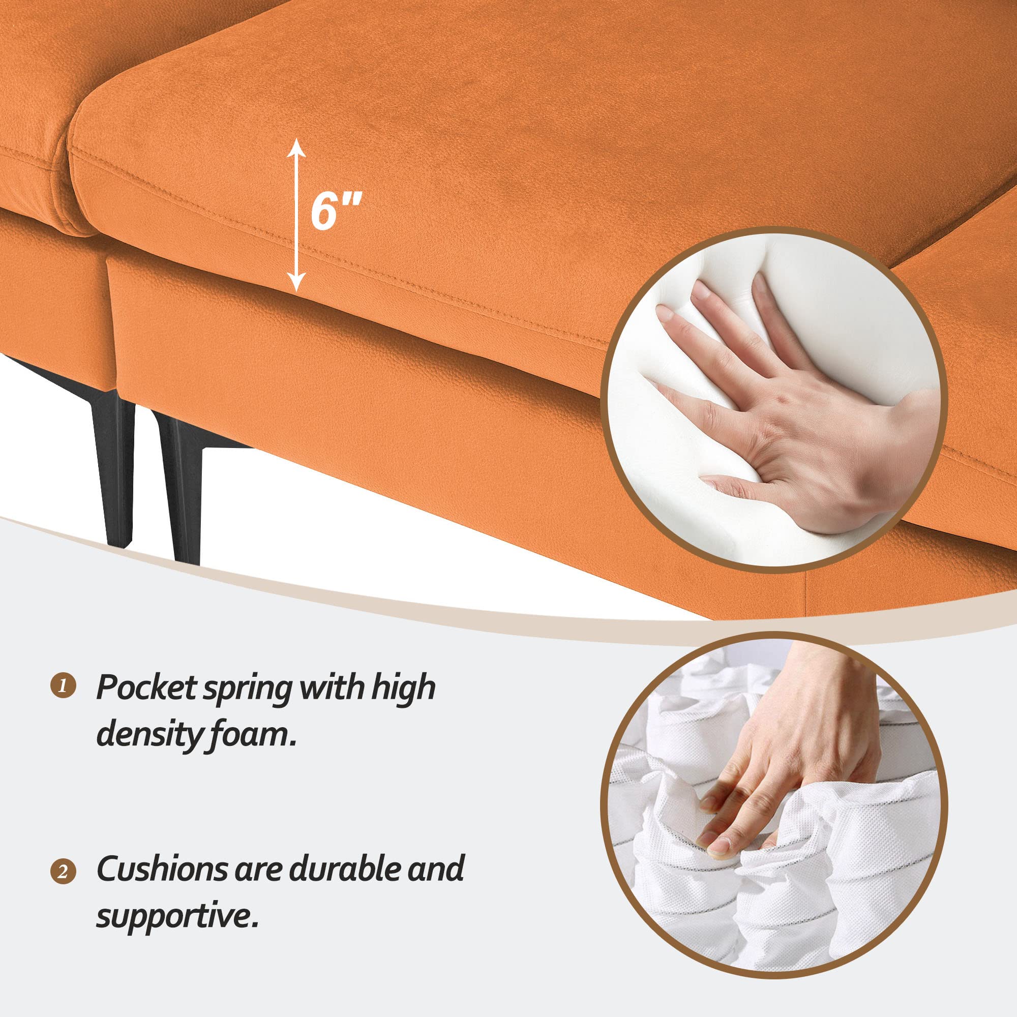 POCIYIHOME 111" Convertible Sectional, Flannel L Shape Upholstered Living Room Couch with Left/Right Facing Handed, 5 Seats Indoor Modular Sofa Chaise for Office,Apartment, Metal Leg, Orange