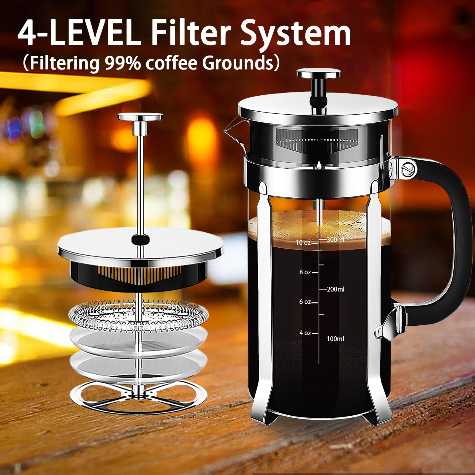 YMMIND French Press Coffee Maker 12oz 304 Stainless Steel Coffee Press,with 4 Filters System, Heat Resistant Thickness Borosilicate French Press Glass, BPA-Free Brewed Tea Pot Coffee Plunger