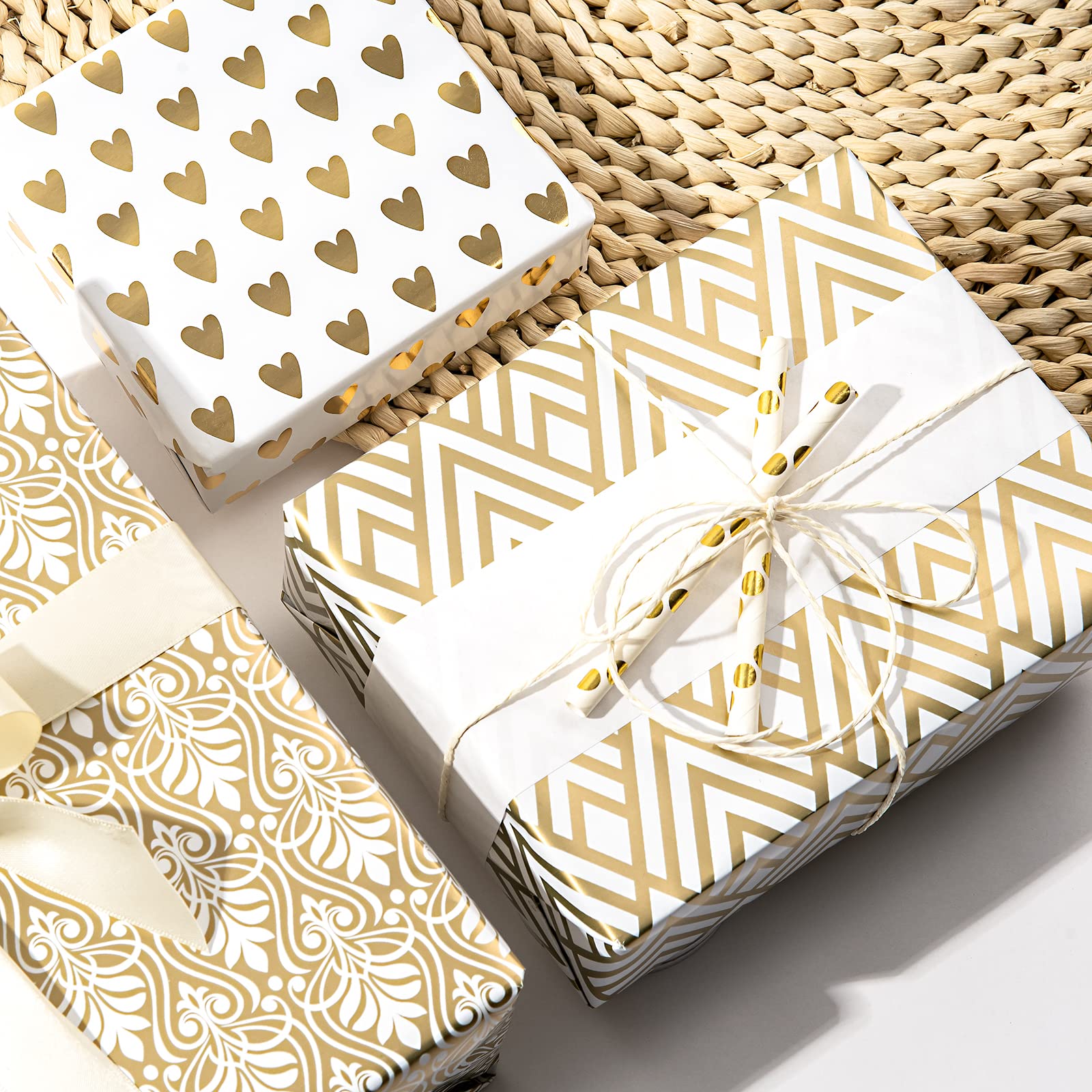 LeZakaa Gold Wrapping Paper Roll - Mini Roll - Geometric Patterns/Floral/Heart for Wedding, Bridal Shower, Birthday - 17 x 120 inches - 3 Rolls (42.5 sq.ft.ttl.)