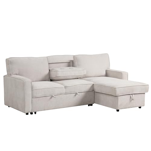 Multifunctional L-Shaped Sleeper Sectional Sofa with Pull Out Couch Bed and 2 Cupholders, Modular 3 Seaters Corner Sofa & Couch Convertible Sleep Sofabed W/Storage Chaise & USB Port for Living Room