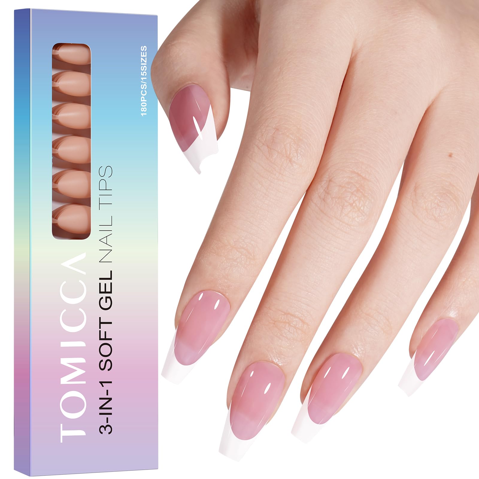 TOMICCA French Tip Press on Nails, Medium Coffin Acrylic Nail Tips, 180Pcs Fake False Nail Tips, 3 in 1 Full Cover Gel Nail Tips for Nail Extensions Light Pink