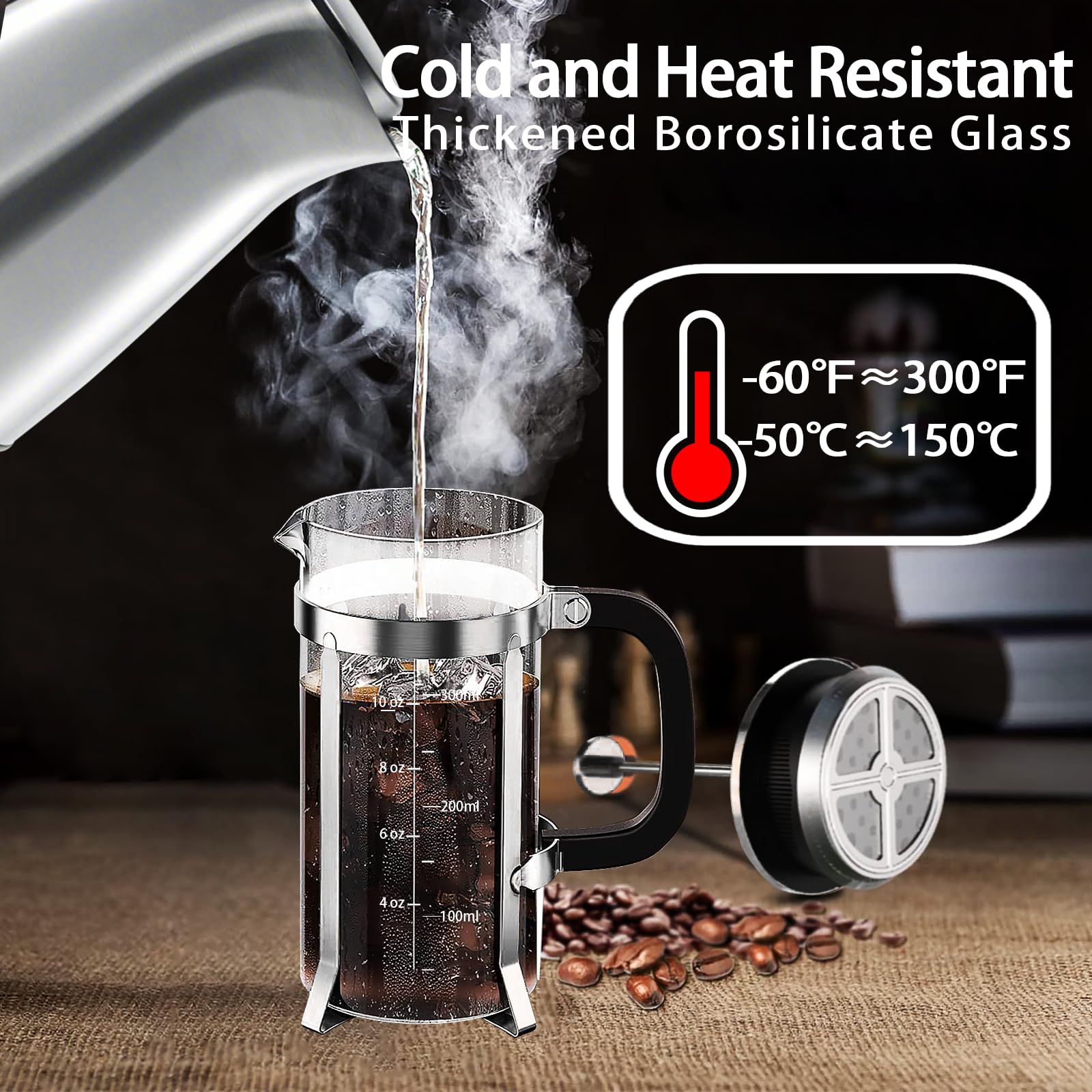 YMMIND French Press Coffee Maker 12oz 304 Stainless Steel Coffee Press,with 4 Filters System, Heat Resistant Thickness Borosilicate French Press Glass, BPA-Free Brewed Tea Pot Coffee Plunger