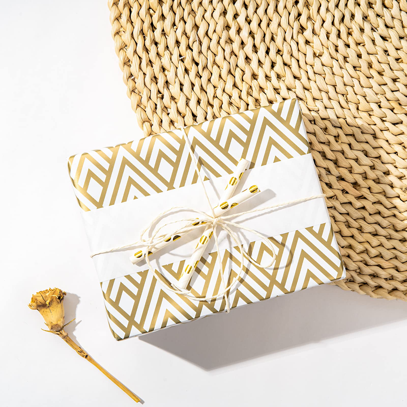 LeZakaa Gold Wrapping Paper Roll - Mini Roll - Geometric Patterns/Floral/Heart for Wedding, Bridal Shower, Birthday - 17 x 120 inches - 3 Rolls (42.5 sq.ft.ttl.)