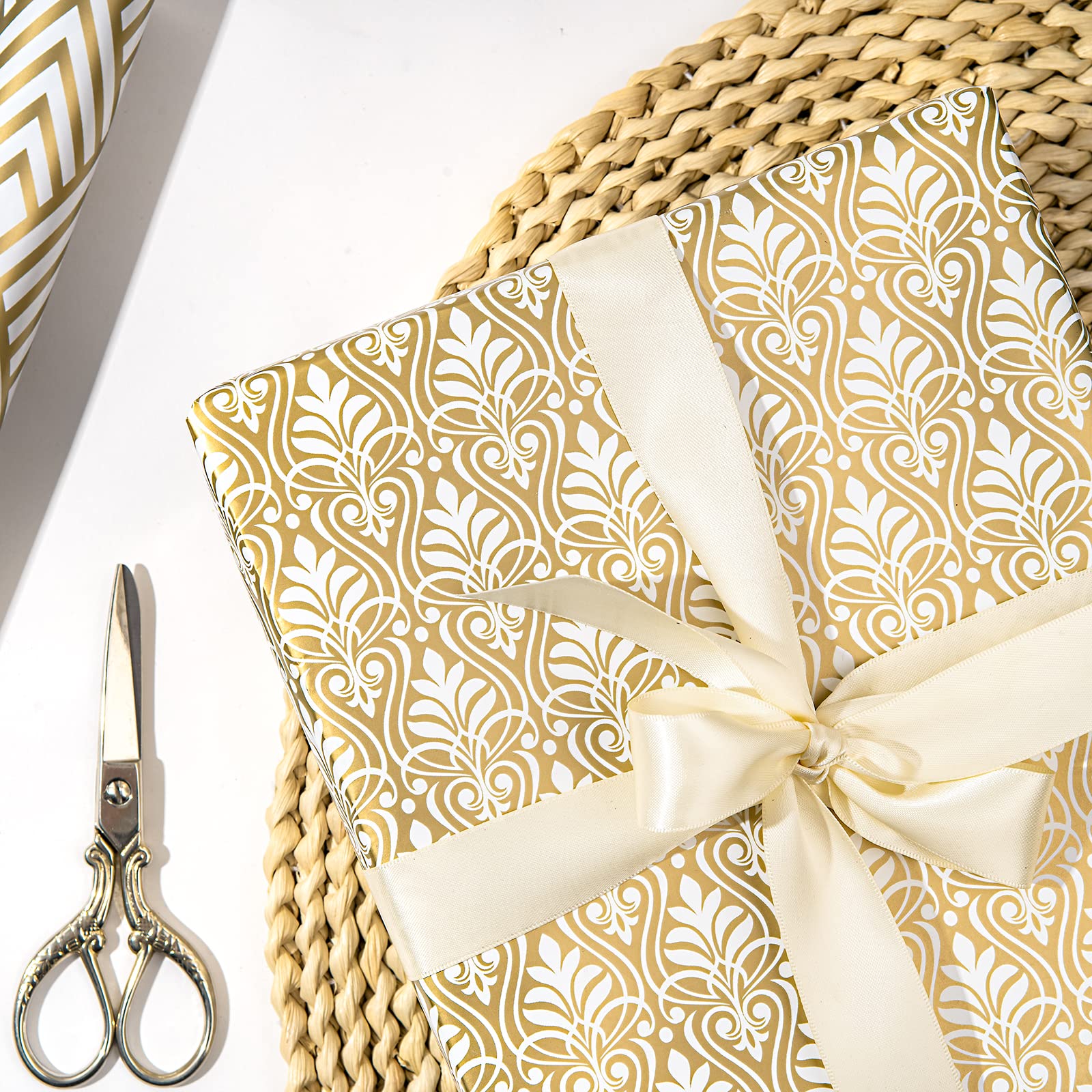 LeZakaa Gold Wrapping Paper Roll - Mini Roll - Geometric Patterns/Floral/Heart for Wedding, Bridal Shower, Birthday - 17 x 120 inches - 3 Rolls (42.5 sq.ft.ttl.)