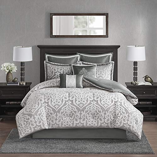 Madison Park Odette Cozy Comforter Set Jacquard Damask Medallion Design - Modern All Season, Down Alternative Bedding, Shams, Decorative Pillows, Queen(90 in x 90 in), Silver 8 Piece
