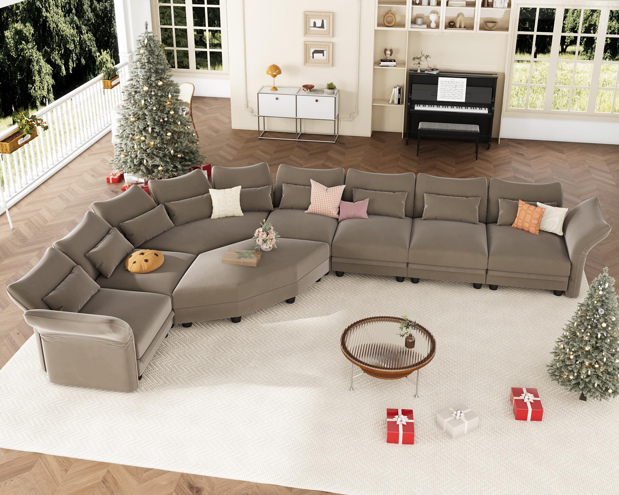 LLappuil Sectional Couch Convertible Oversize U Shaped Modular Sectional Sofa with Storage Easy Clean Anti-Scratch 8 Seat Velvet Sectional for Living Room, Brown