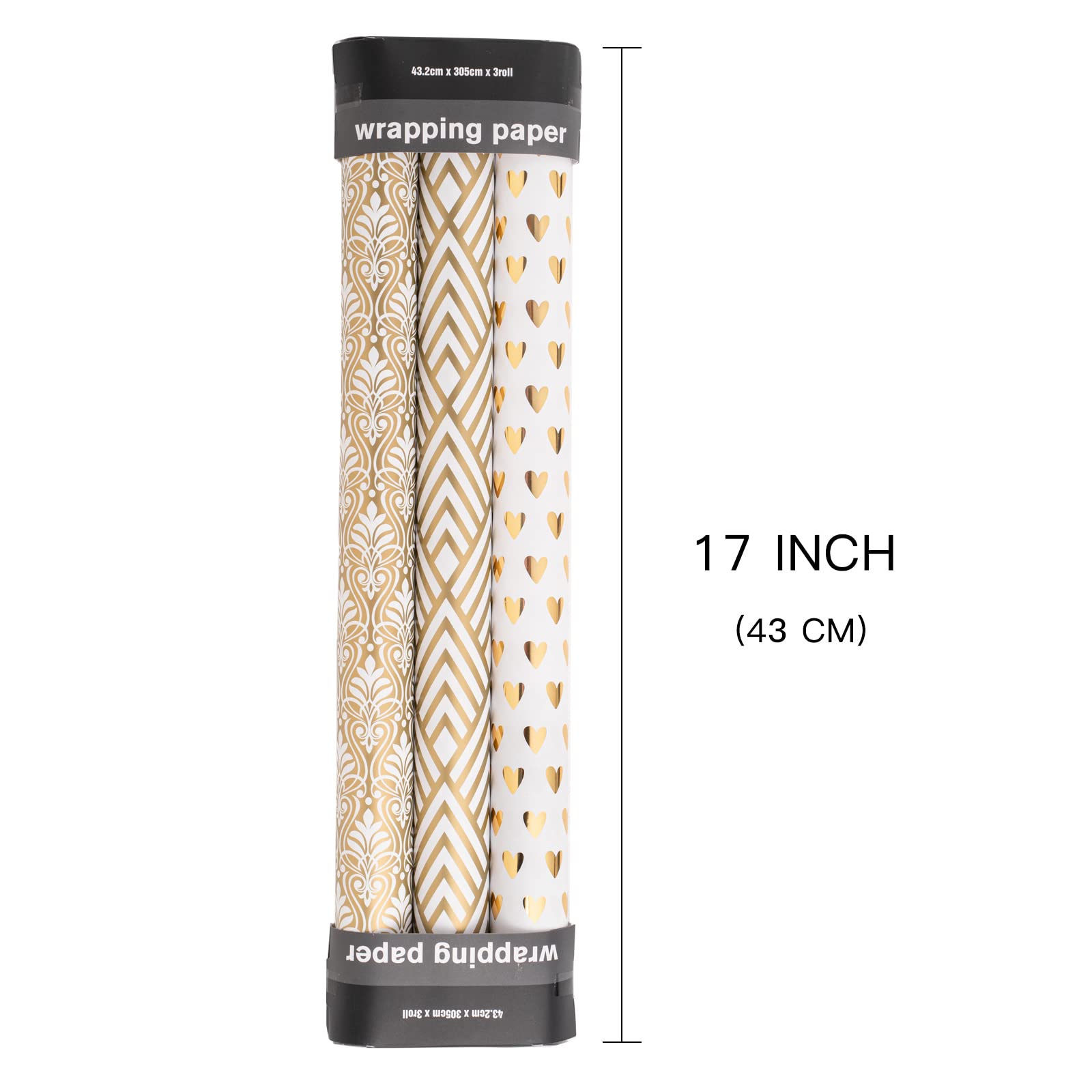LeZakaa Gold Wrapping Paper Roll - Mini Roll - Geometric Patterns/Floral/Heart for Wedding, Bridal Shower, Birthday - 17 x 120 inches - 3 Rolls (42.5 sq.ft.ttl.)