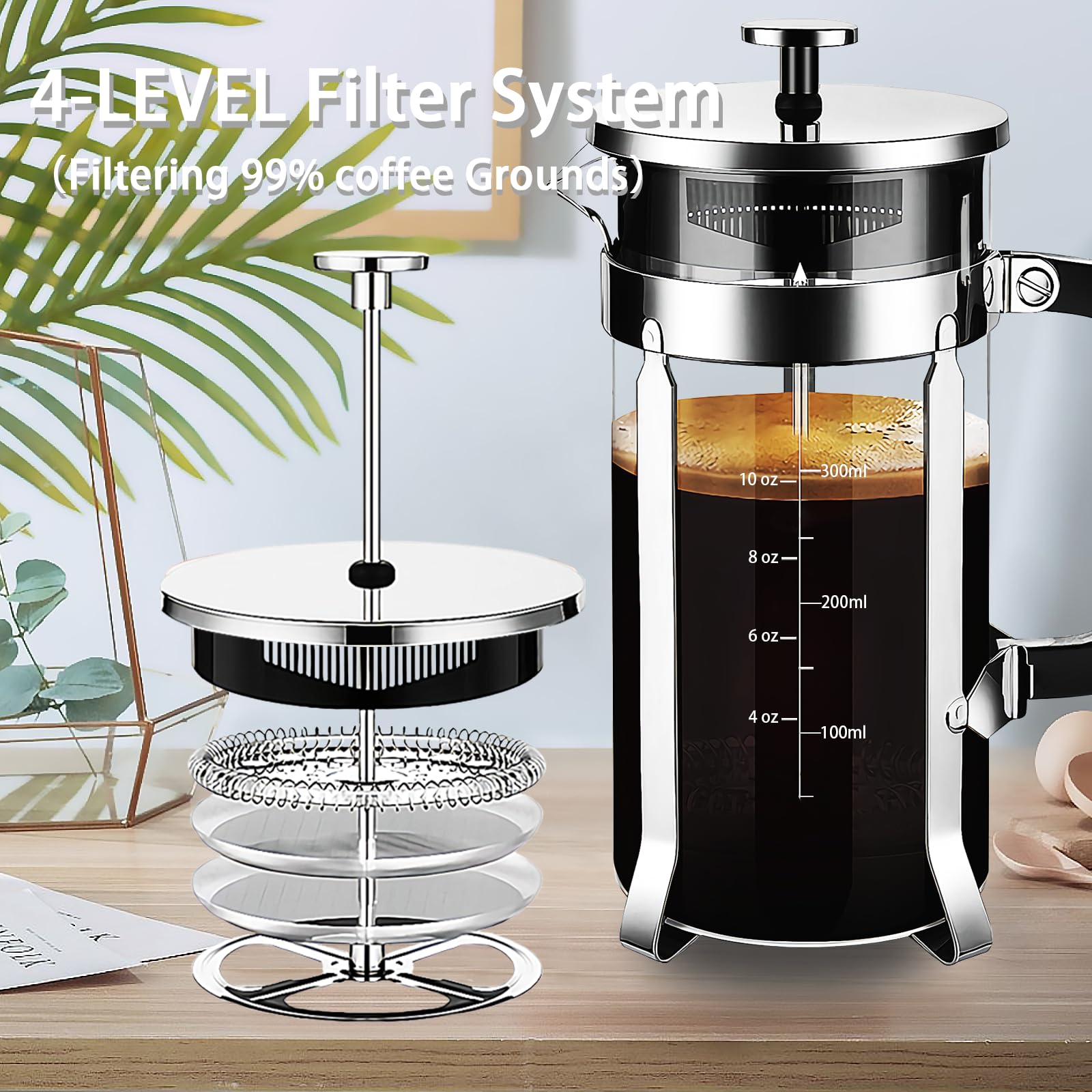 YMMIND French Press Coffee Maker 12oz 304 Stainless Steel Coffee Press,with 4 Filters System, Heat Resistant Thickness Borosilicate French Press Glass, BPA-Free Brewed Tea Pot Coffee Plunger