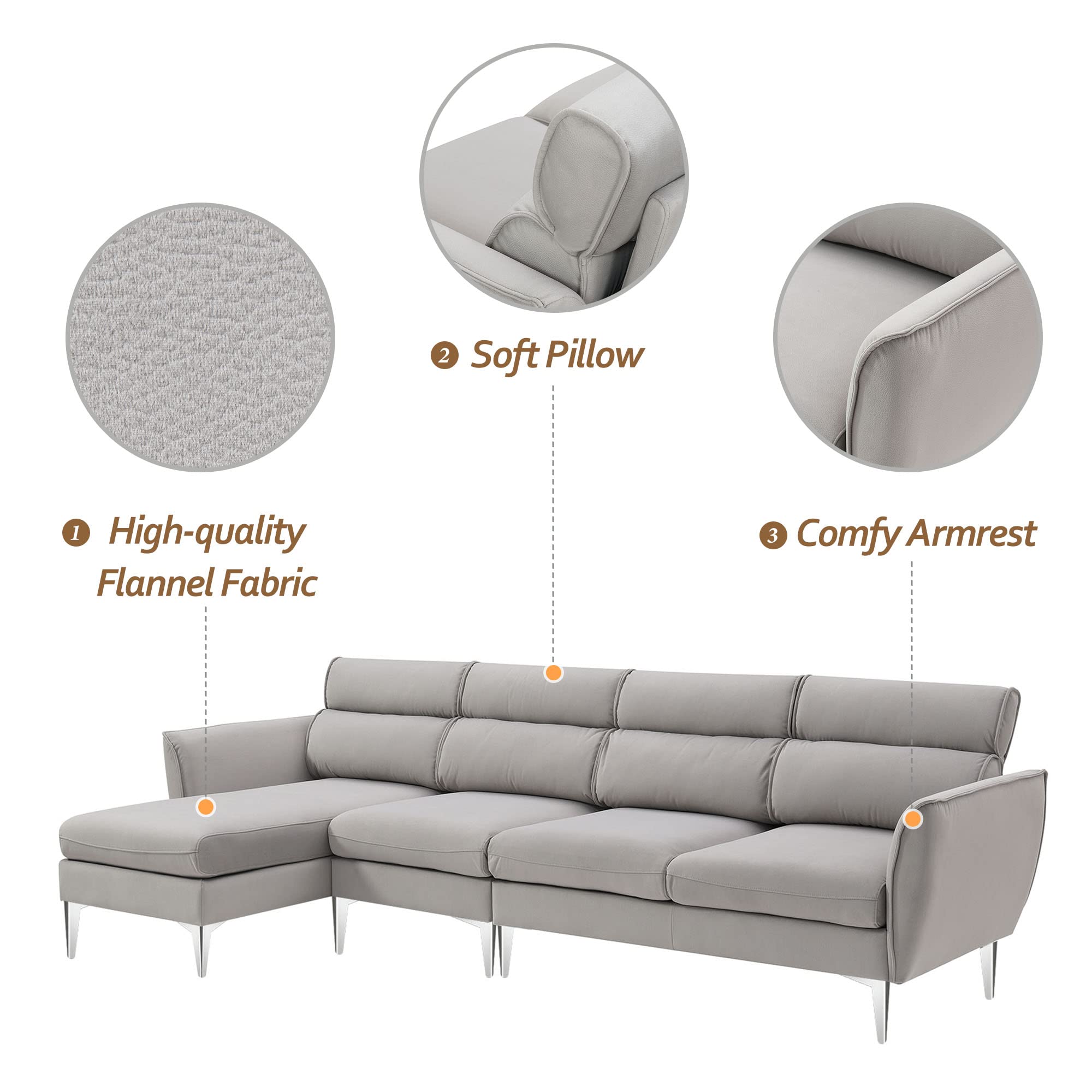 KoiHome 111" Convertible Sectional, Flannel L Shape Upholstered Living Room Couch with Left/Right Facing Handed, 5 Seats Indoor Modular Sofa Chaise for Office,Apartment, Metal Legs, Grey