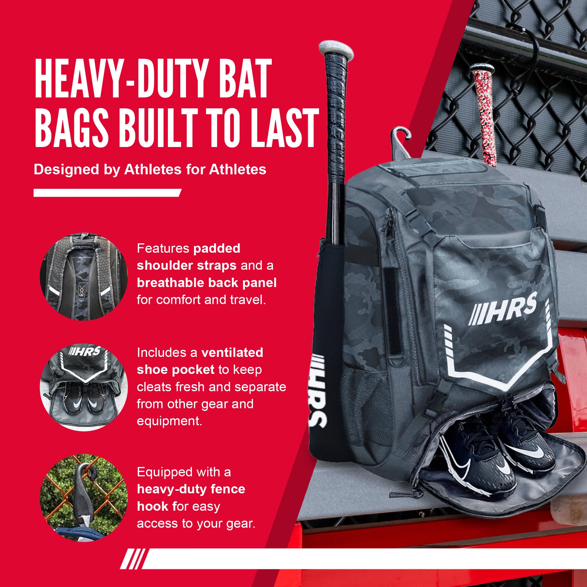 Hit Run Steal Gray Camo Baseball Bag, Softball Bat Bag. Holds 4 Bats, Glove, Bottle, Shoe Compartment, Helmet, Fence Hook for Equipment & Gear
