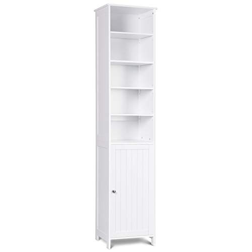 WATERJOY 72'' Tall Cabinet, Standing Tall Storage Cabinet, Wooden White Bathroom Cupboard with Door and 5 Adjustable Shelves, Elegant and Space-Saving