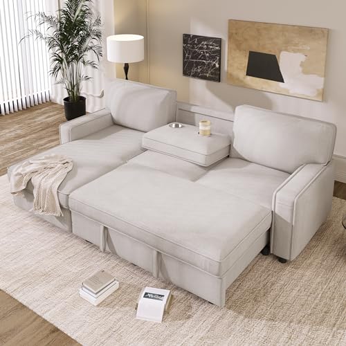 Multifunctional L-Shaped Sleeper Sectional Sofa with Pull Out Couch Bed and 2 Cupholders, Modular 3 Seaters Corner Sofa & Couch Convertible Sleep Sofabed W/Storage Chaise & USB Port for Living Room