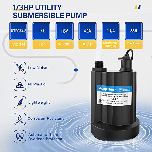 Acquaer 1/3 HP Submersible Water Pump 2160GPH Sump Pump Thermoplastic Utility Pump Portable Electric Water Pump Water Remove for Basement Hot Tubs Garden Pool Cover Draining with 10 ft Cord