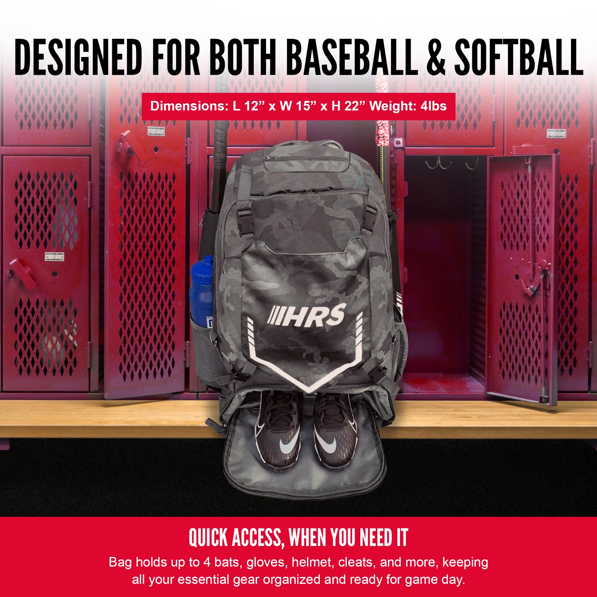 Hit Run Steal Gray Camo Baseball Bag, Softball Bat Bag. Holds 4 Bats, Glove, Bottle, Shoe Compartment, Helmet, Fence Hook for Equipment & Gear
