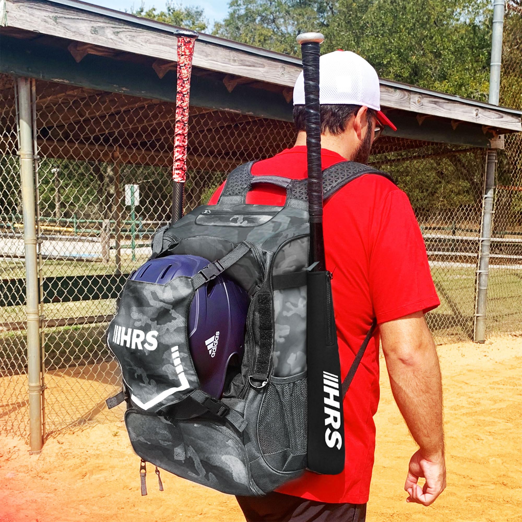 Hit Run Steal Gray Camo Baseball Bag, Softball Bat Bag. Holds 4 Bats, Glove, Bottle, Shoe Compartment, Helmet, Fence Hook for Equipment & Gear