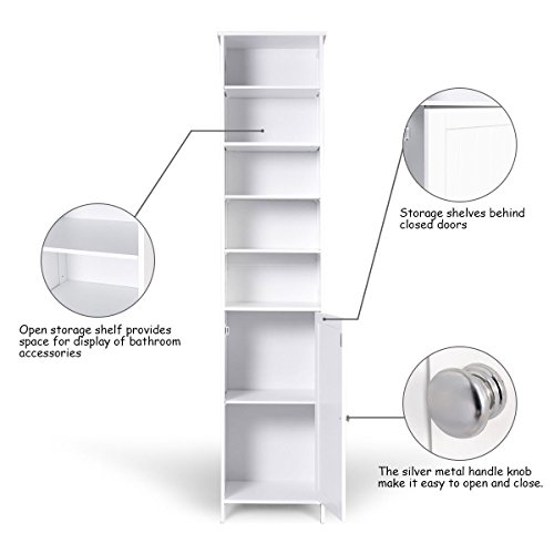 WATERJOY 72'' Tall Cabinet, Standing Tall Storage Cabinet, Wooden White Bathroom Cupboard with Door and 5 Adjustable Shelves, Elegant and Space-Saving