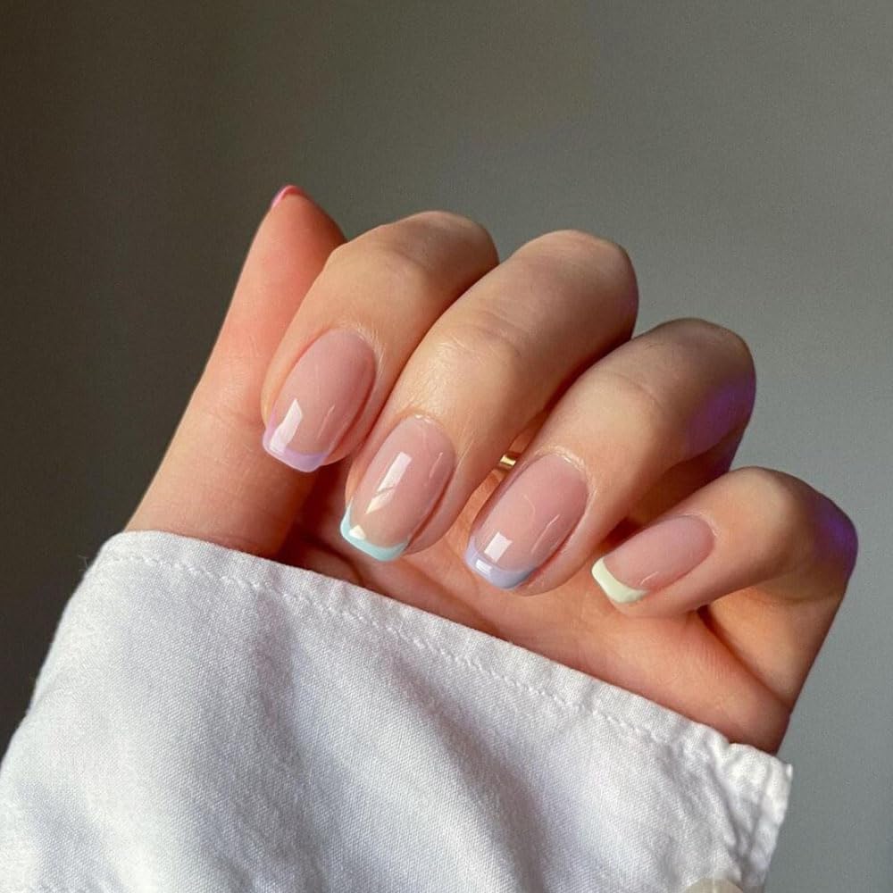 KXAMELIE Glossy Nude Glue on Nails Press On, Made by Gel with Colorful French Tips Short Nails Designs, 24PCS