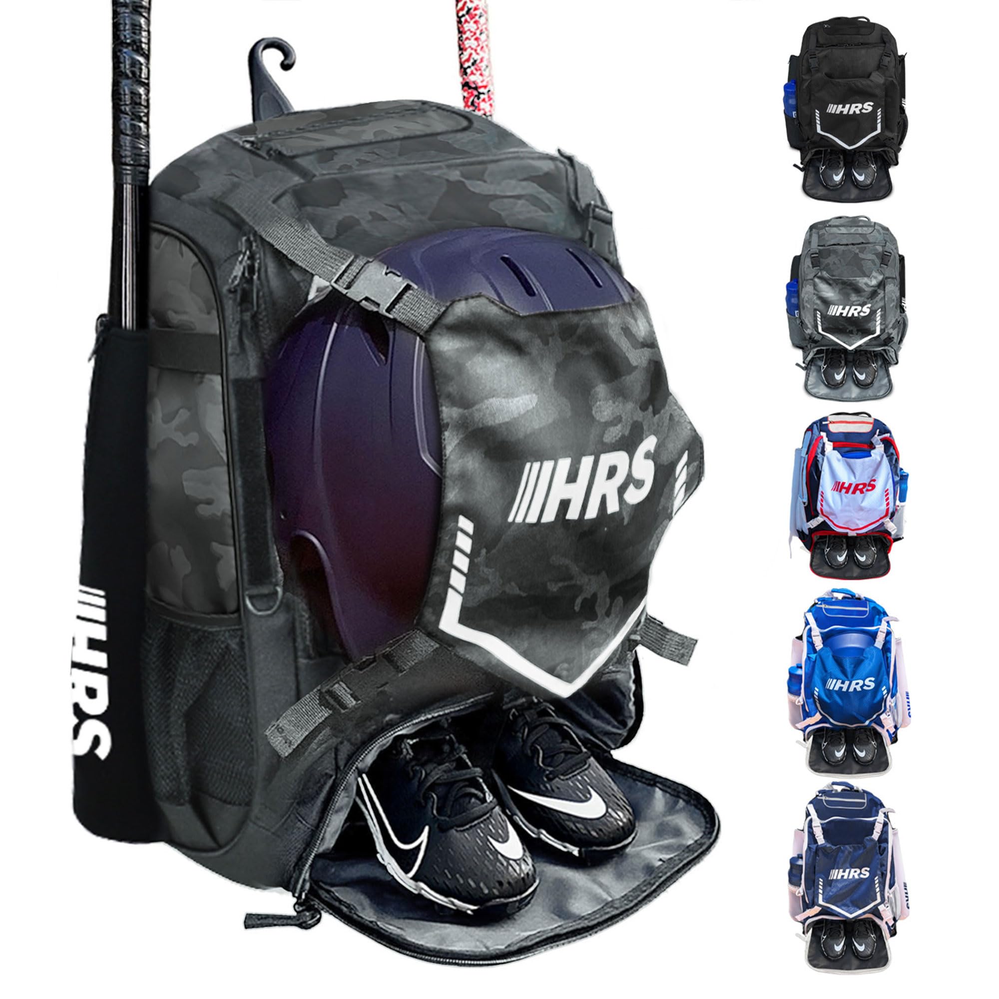 Hit Run Steal Gray Camo Baseball Bag, Softball Bat Bag. Holds 4 Bats, Glove, Bottle, Shoe Compartment, Helmet, Fence Hook for Equipment & Gear