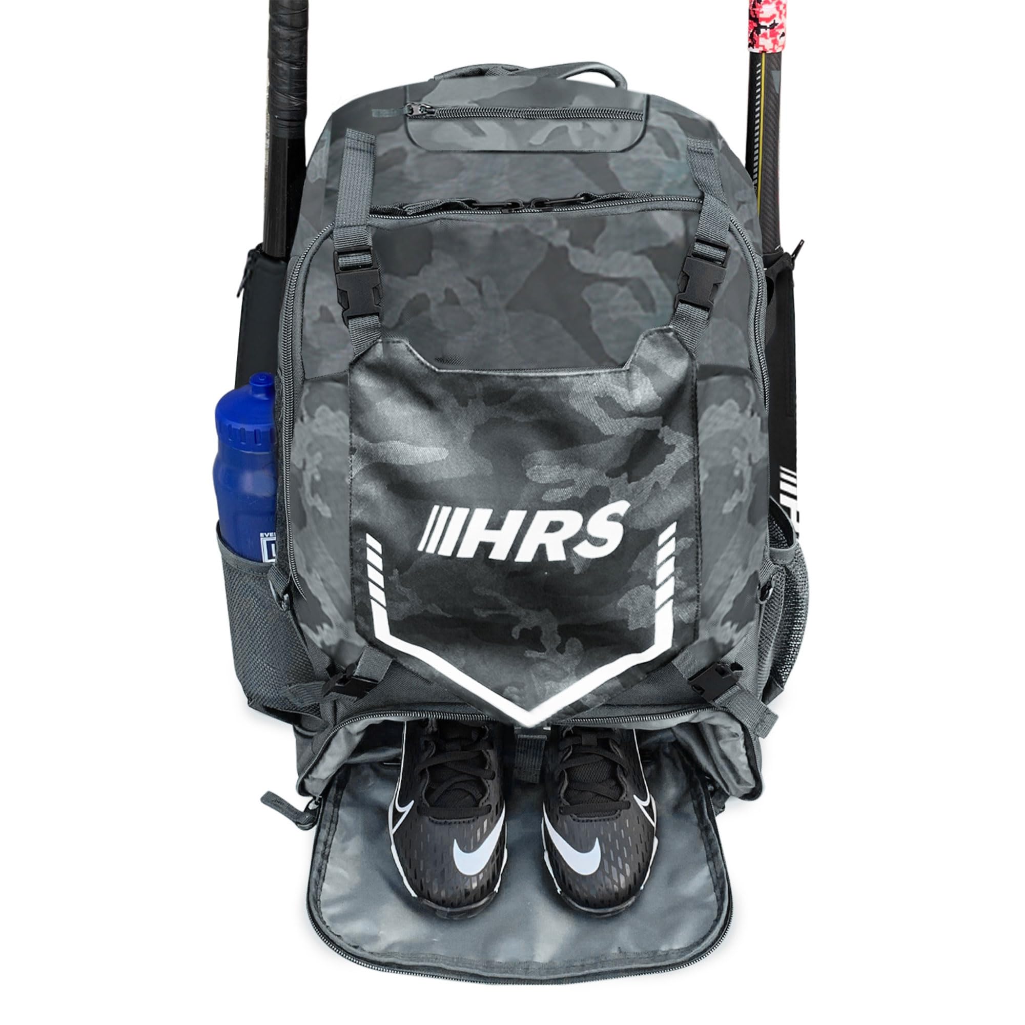 Hit Run Steal Gray Camo Baseball Bag, Softball Bat Bag. Holds 4 Bats, Glove, Bottle, Shoe Compartment, Helmet, Fence Hook for Equipment & Gear