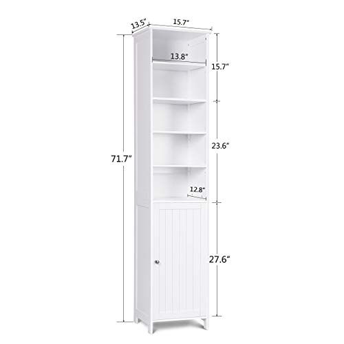 WATERJOY 72'' Tall Cabinet, Standing Tall Storage Cabinet, Wooden White Bathroom Cupboard with Door and 5 Adjustable Shelves, Elegant and Space-Saving